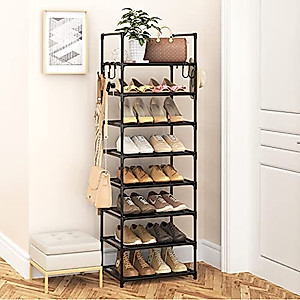 LANTEFUL 8 Tiers Tall Shoe Rack, Narrow Vertical Shoe Rack for Entryway Closet, 16-20 Pairs Shoe and Boots Organizer Storage Sturdy Shoe Shelf, Metal Stackable Shoe Stand with Hooks