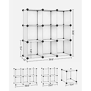 SONGMICS Cube Organizer, 9-Cube Book Shelf, DIY Plastic Closet Cabinet, Modular Bookcase, Storage Shelving for Living Room, Office, 36.6 x 12.2 x 48.4 Inches, White