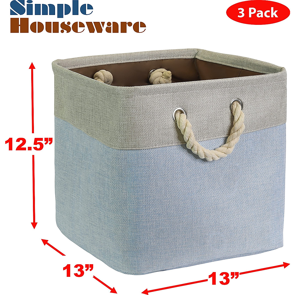 Simple Houseware Cotton Handle Extra Large Fabric Cube Storage Bin, 3 Pack, Blue
