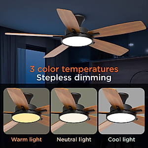TALOYA 52 inch Ceiling Fans with Lights,Ultra Silent Multifunctional Ceiling Fan with Three Color Temperature and Dimmable Light with Reversible Blades Black