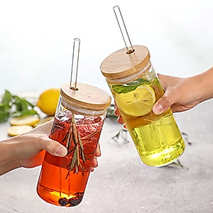 4 Set 20 OZ Drinking Glasses with Bamboo Lids and Straws, Borosilicate Glass Tumbler Cups - Tall Clear Iced Coffee Cups for Smoothie, Water, Juice, Coffee Bar Accessories - Cute Gifts, Reusable