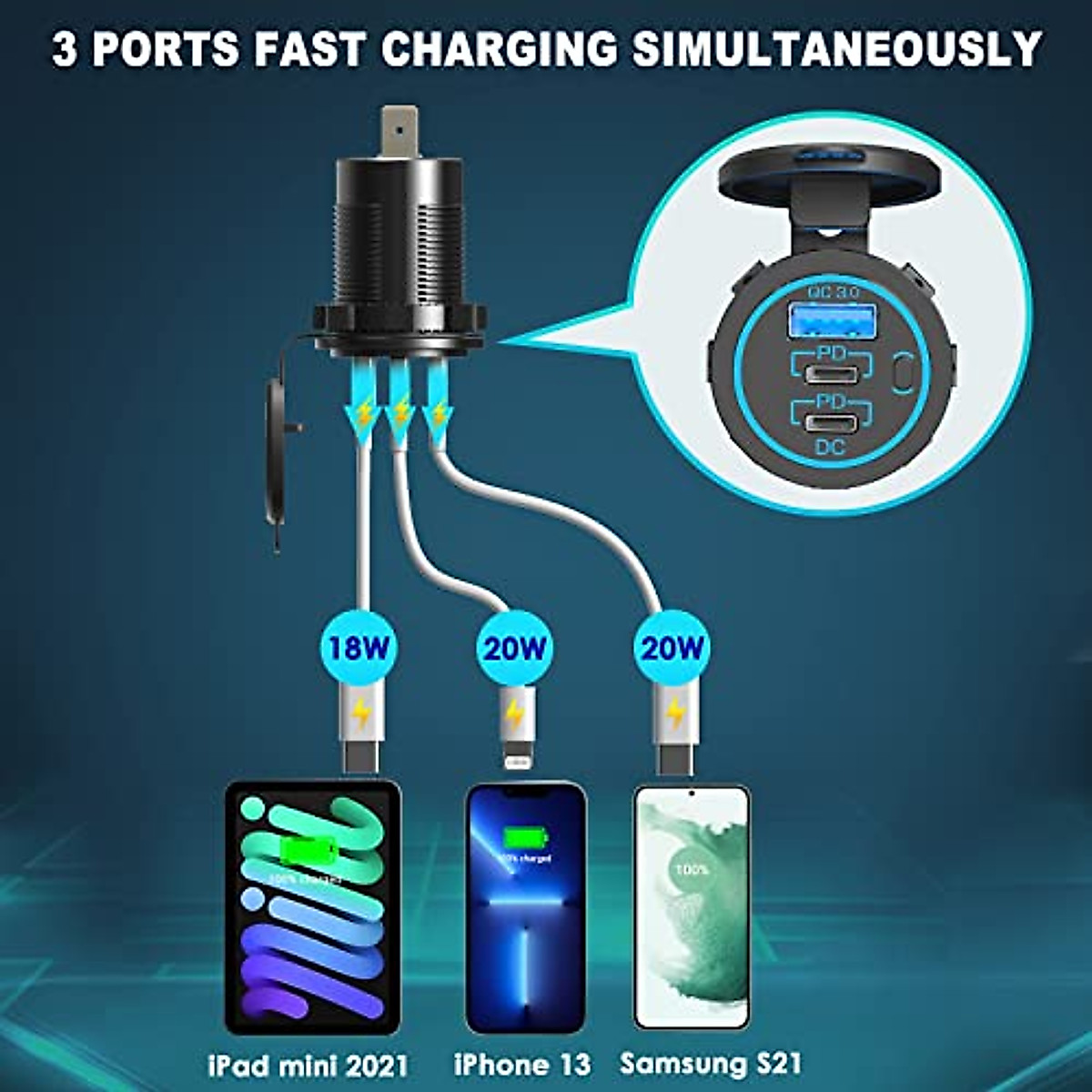 12V USB Outlet USB C Car Charger Socket – Newest 58W Lengthened RV USB Outlet 12V Socket Dual 20W PD3.0 USB-C and 18W QC3.0 Car USB Port with Button Power Switch for Car Boat Marine RV Motorcycle