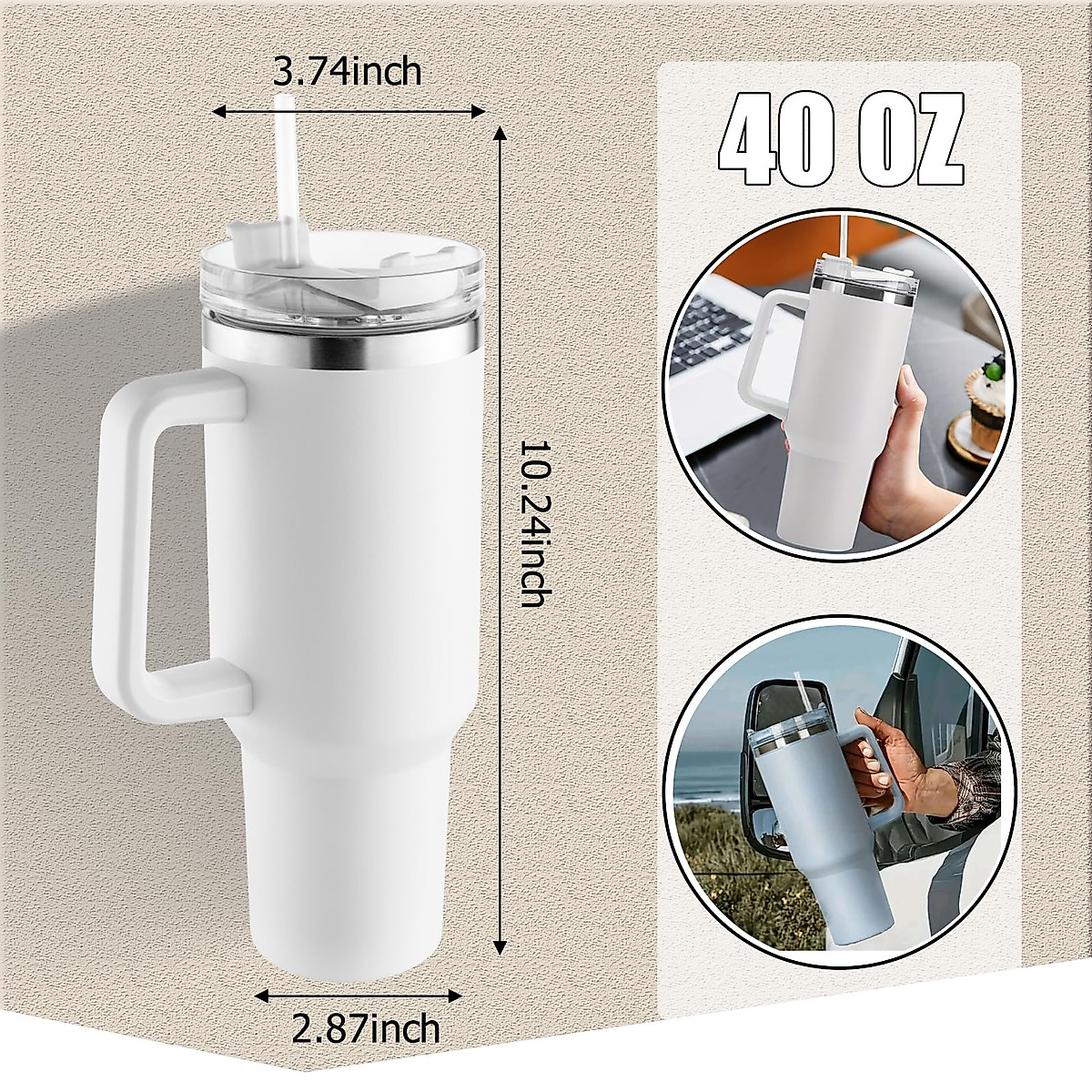 Xereizo 40 oz Tumbler with Handle and Straw, Leak Proof Stainless Steel Insulated Travel Coffee Tumbler Cups Lid and Straw, Iced for 40 Hours Cupholder Friendly Water Bottle Mug, Frost, White