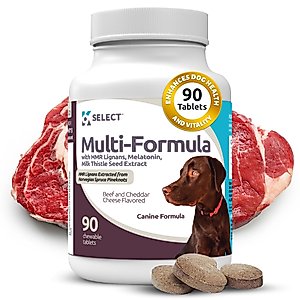 K9 Select Multi-Formula Dog Vitamins for Large Dogs - 30mg HMR Lignans, 3mg Melatonin, 60mg Milk Thistle - Helps Heart, Liver, Digestion, Skin & Coat Health, Dog Multivitamin, 90 Tablets, Beef Flavor