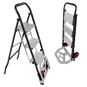 2 in 1 Aluminum Hand Truck & Ladder 3 Step Ladder Step Stool for Adults with Wide Anti-Slip Pedal and 6’’ Rubber Wheels 330lbs Capacity Sturdy Steel Ladder Portable Steel Step Stool Dolly