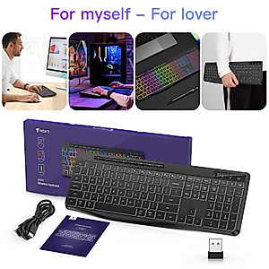 TECURS Wireless Keyboard Gaming- Light Up Keyboard Silent Ultra Slim Full Size, LED Computer Rechargeable Backlit 2.4G Keyboard with Multimedia Keys for Mac and Windows