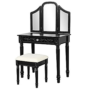 NJSV Vanity Makeup Table Set w/Tri-Folding Mirror & Stool Shuq Vanity Desk Makeup Vanity Side Tables Bedroom Vanity Table Portable Desk Vanity Set