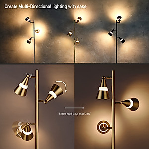 O’Bright Ash - 3-Light LED Tree Floor Lamp, Dimmable 3-Head LED, Multidirectional Standing lamp, Adjustable Multi-Shade, Swivel Cone Floor Lamp for Living Room, Bedroom, Antique Brass