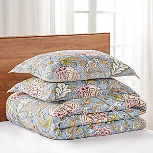 Levtex Home - Angelica Duvet Cover Set - Full/Queen Duvet Cover + Two Standard Pillow Cases - Floral - Blue Grey Taupe Green Maroon - Duvet Cover (90 x 94in.) and Pillow Case (26 x 20in.) - Cotton