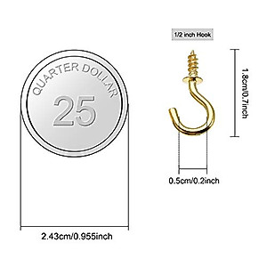 LANSEYQO Mini Ceiling Screw Hooks, 50 Pcs (1/2 inch) Hanging Cup Hooks Brass Plated Screw-in Hooks for Hanging Plants Mug Arts Decorations, Gold