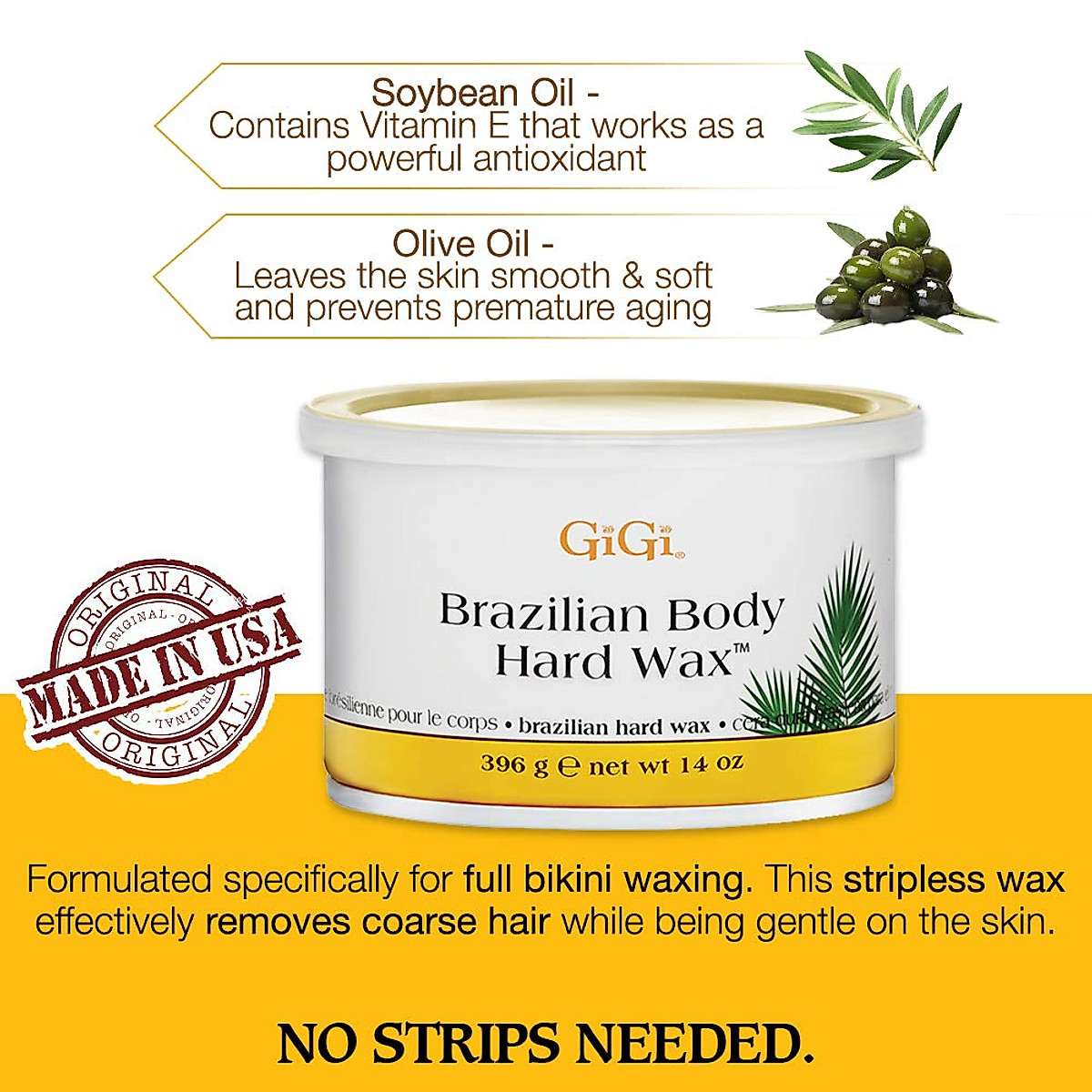 GiGi Brazilian Body Hard Wax, Smooth and Soft Bikini, Non-Strip, Suitable for Sensitive Skin, 14 oz, 1-pc