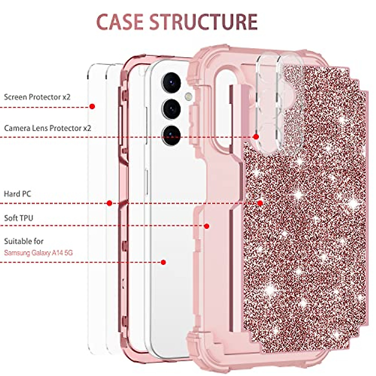 LONTECT for Galaxy A14 5G Case with 2 Tempered Glass Screen Protector+ 2 Camera Lens Protector,Three-Layer Shockproof Heavy Duty Full Body Sturdy Protective Case for Samsung Galaxy A14,Rose Gold
