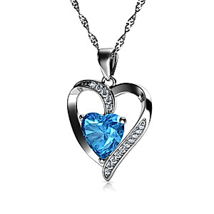 DEPHINI - Heart Necklace - 925 Sterling Silver - Aquamarine Birthstone Embellished with Branded Crystal Pendant - Fine Jewelry 18" Rhodium Plated Chain