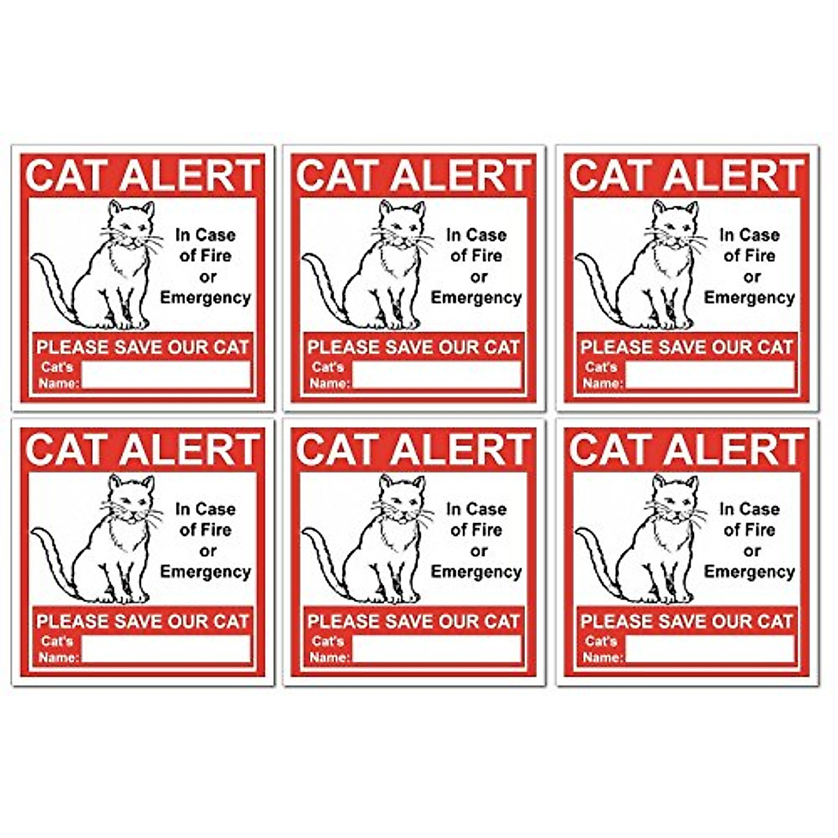 SecurePro Products 6 Cat Alert Safety Warning Window Door Stickers; in Case of Fire Notify Rescue Personnel to Save Cat