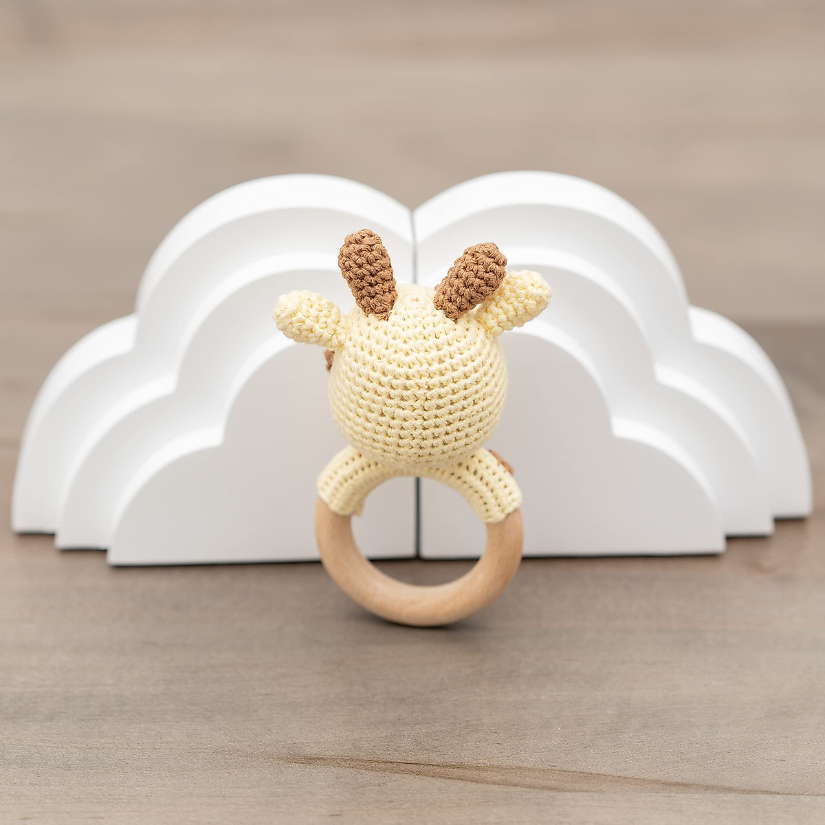 KawaiOnO Handmade Cotton Crochet Amigurumi Giraffe Rattler with Wooden Handle - Perfect Baby Stuff for Learning and Fun, Ideal Stuffed Animals for Infants, Toddlers - Unique Baby Boy Stuff