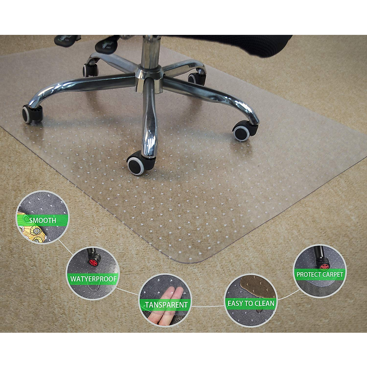 100pointONE Office Chair Mat for Carpets - Transparent Thick Floor Mats for Low, Flat and No Pile Carpeted Floors, with Grippers (48'' X 30'' Rectangle)