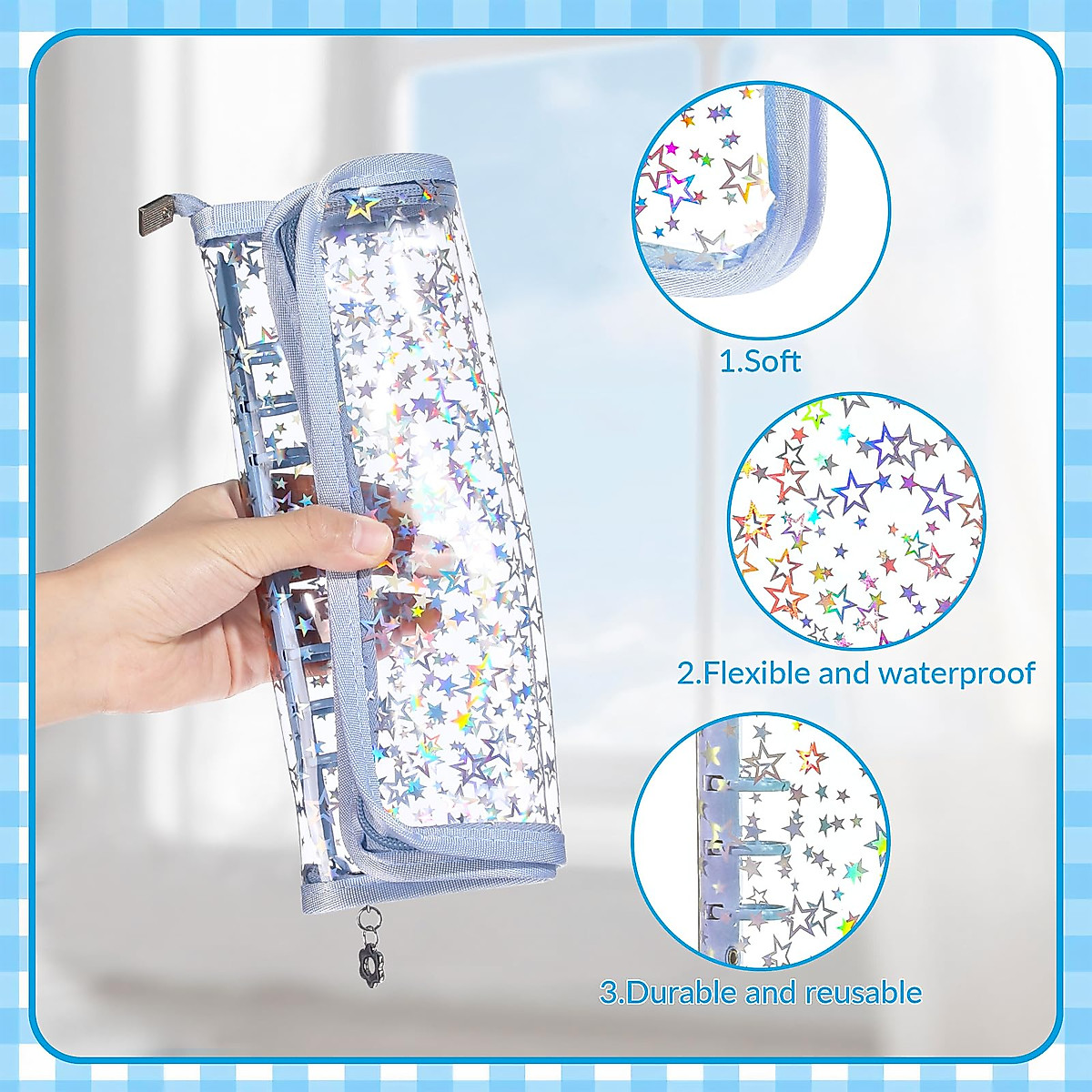 NEWEST A5 Budget Binder Cover with Zipper for Cash Budget System, Glitter Stars A5 6 Ring Binder Planner, Clear PVC Refillable Notebook Shell for Journal Albums Diary School Office Supplies, Purple