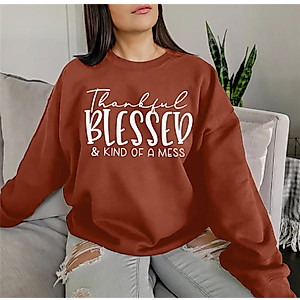 VILOVE Thankful Blessed and Kind Of a Mess Sweatshirt Women Thanksgiving Pullover Blessed Sweatshirt Oversized Tops Brown