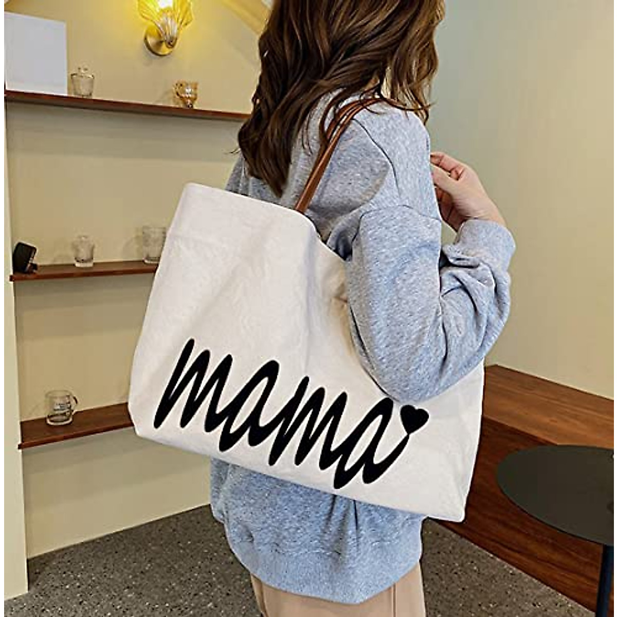 D DASAWAN Canvas Mama Tote Bag - Reusable Grocery Mom Bag for Mother’s Day Gifts,Mom Birthday Presents,Shopping,Travel