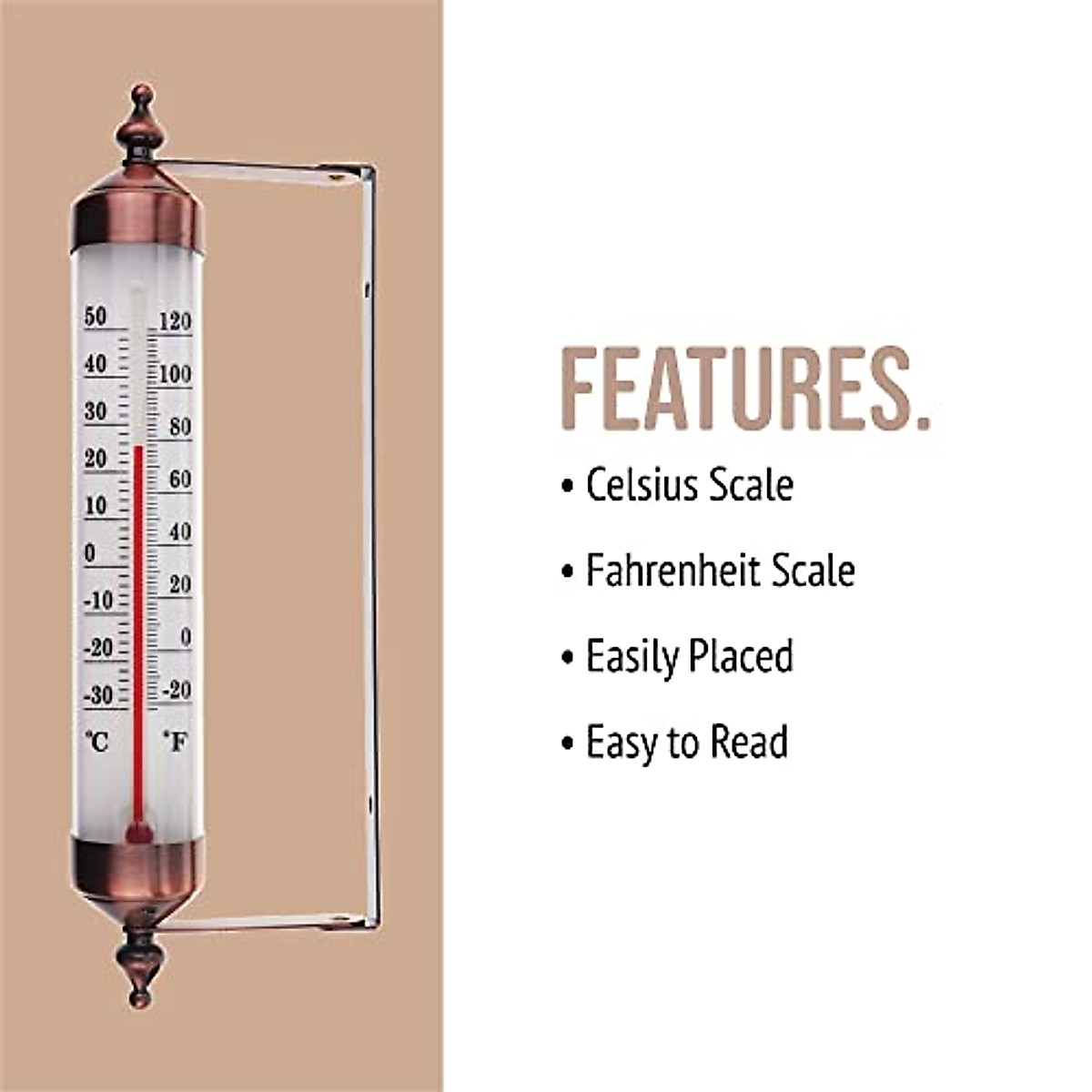 Outside Thermometer with Bronze Effect Design - Stylish Outdoor Thermometer Suitable for Outside Wall Greenhouse Garage