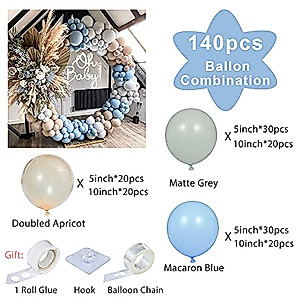 Blue Balloons Arch Garland Kit 140Pcs DIY Double-Stuffed Apricot Matte Grey Balloons for Baby Shower Wedding Birthday Party Centerpiece Background Decoration