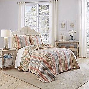 Waverly Spring Bling Modern Farmhouse Floral 3-Piece Reversible Quilt Bedding Bed Spread Set, Queen, Vapor & Spring Bling Valances for Windows Rod Pocket Curtains, 52" x 18", Vapor