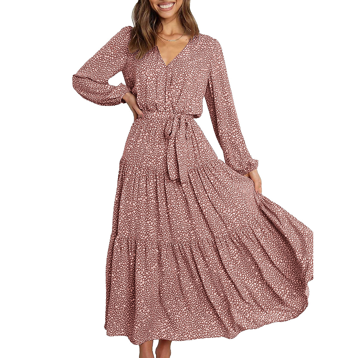 PRETTYGARDEN Women's 2024 Long Sleeve Ruffle Wrap V Neck Floral Maxi Dress Tie Waist Boho Chiffon Casual Flowy Long Dress(Pink,Large)