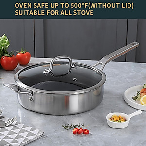 Saute Pan with Lid 5 Quarts,12.5 Inch 18/10 Tri-Ply Nonsitck Large Frying Pan, Up to 600℉ Full Clad Stainless Steel 3 Layer Deep Frying Pan with Stay Cool Handle, Dishwasher and Metal Utensil Safe