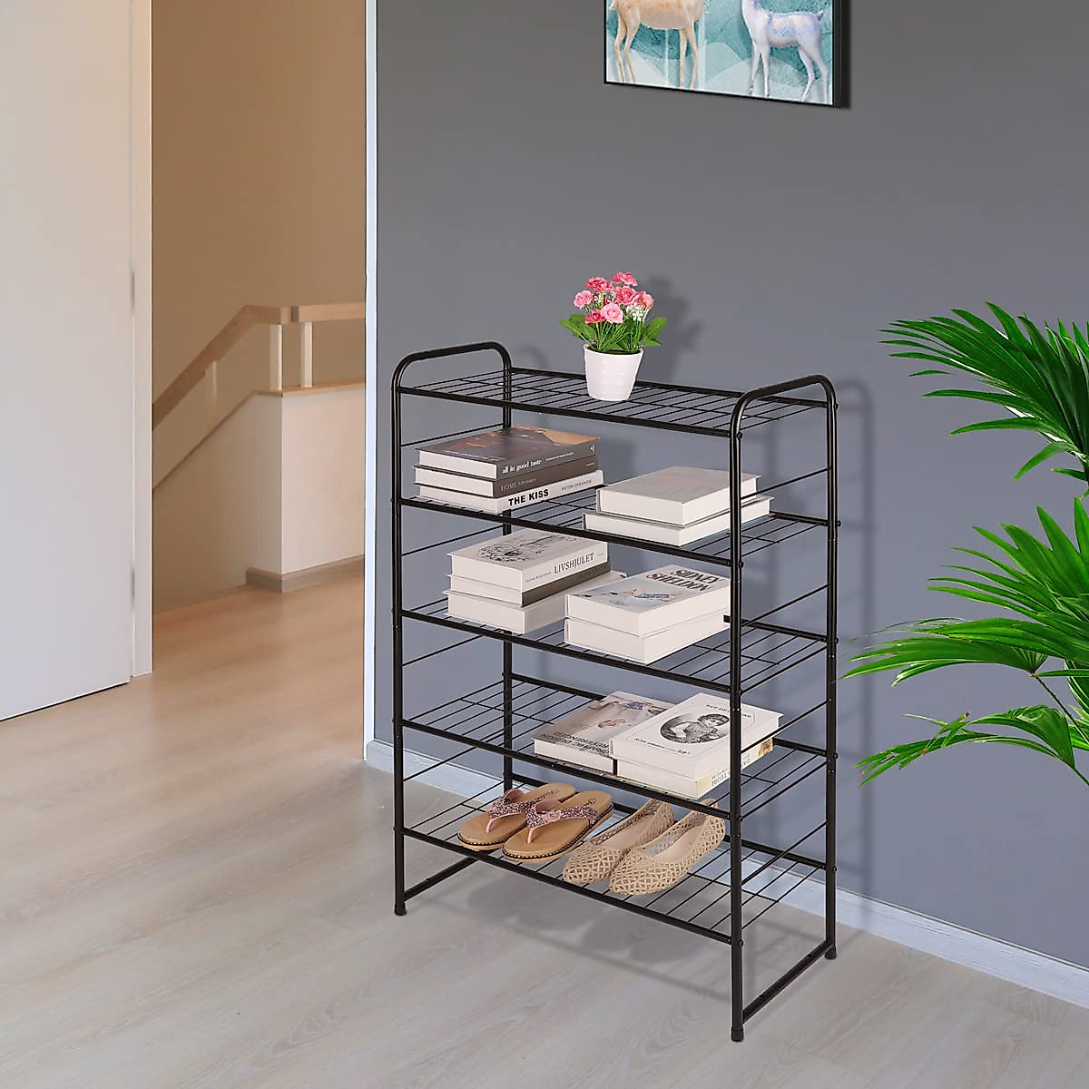 REGILLER 5-Tier Stackable Shoe Rack, Expandable & Adjustable Shoe Organizer Storage Shelf, High Capacity, Wire Grid, Black