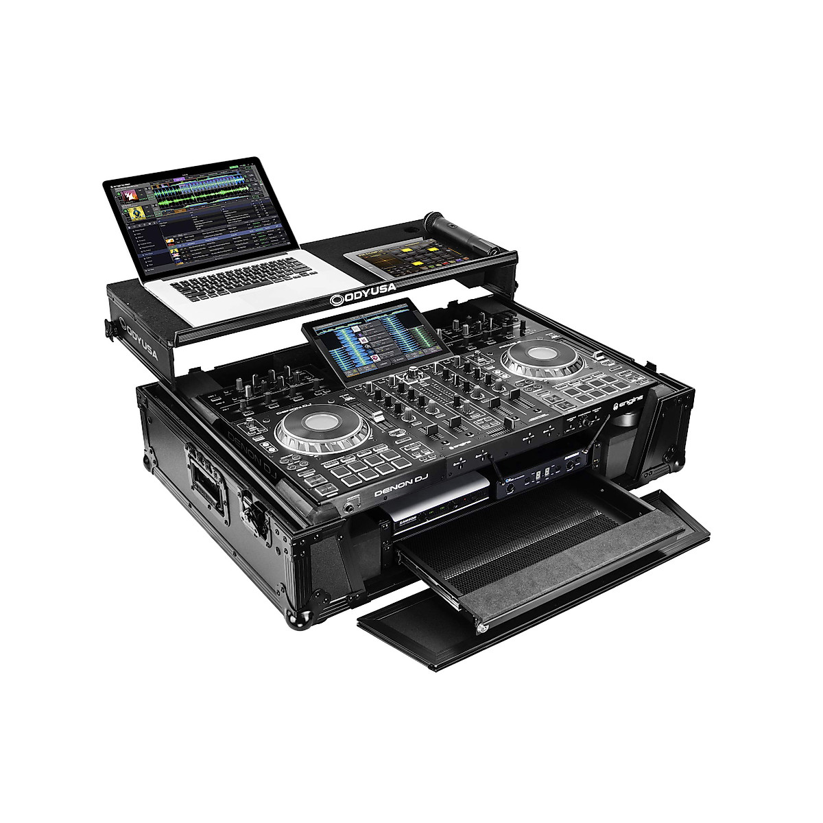 ODYSSEY FZGSPRIME4W2BL Denon Prime 4 Black Flight Case with Patented Glide Laptop Platform & 2U Rack Spaces
