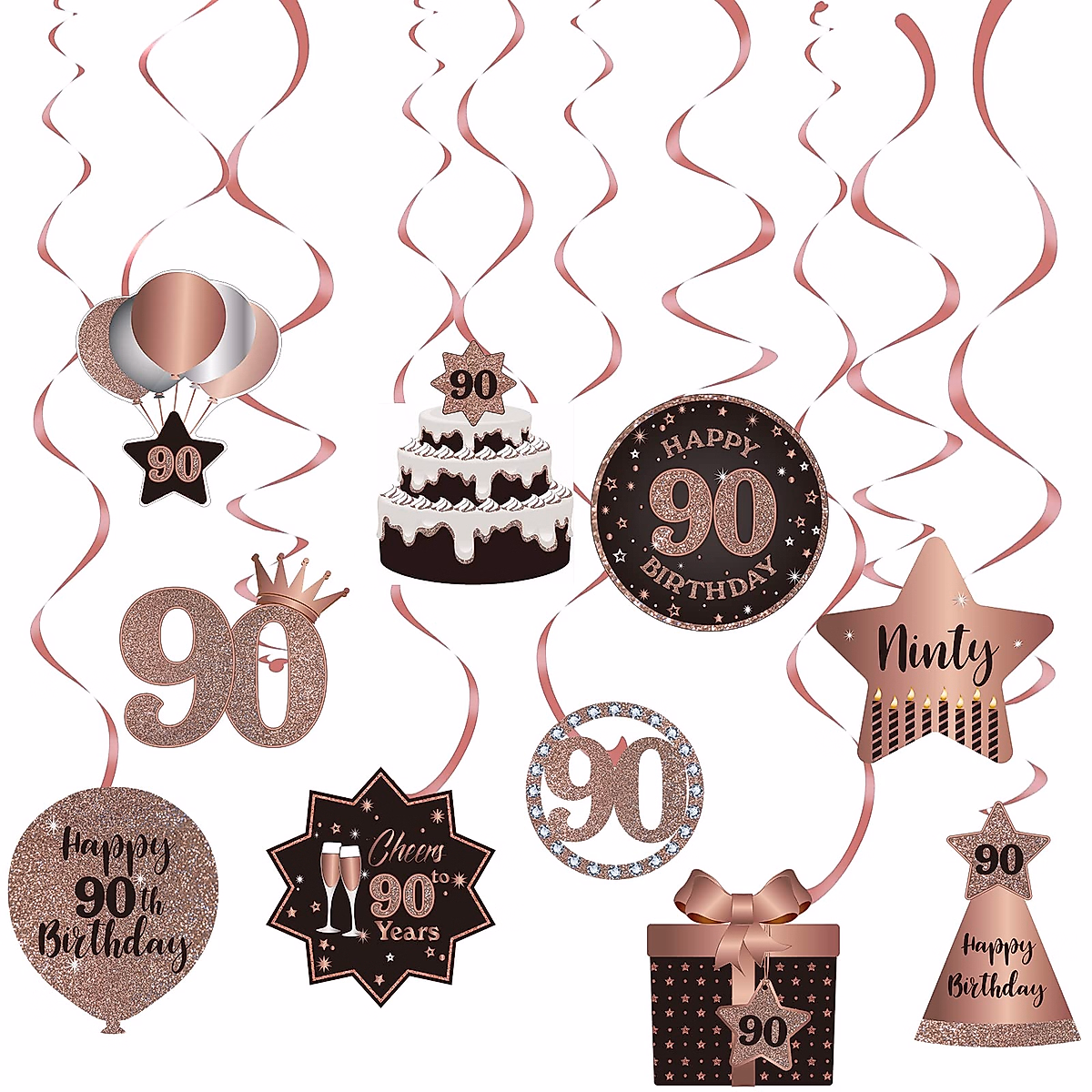 Happy 90th Birthday Party Hanging Swirls Streams Ceiling Decorations, Celebration 90 Foil Hanging Swirls with Cutouts for 90 Years Old Rose Gold Birthday Party Decorations Supplies