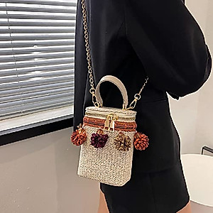IAMUHI Womens Handwoven Straw Phone Bag Small Floral Tassel Cross-body Beach Purse Mini Bucket Tote Handbag,White