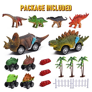 CUTE STONE Dinosaur Truck for Kids 3-5, Dinosaur Transport Truck with Dinosaur Toys and Play Mat, 2 Friction Powered Cars, 4 Pull Back Dinosaur Cars, Dino Car Playset for Boys
