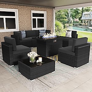 Vakollia 8 Pieces Patio Furniture Set with 44" Propane Gas Fire Pit Table, Outdoor Sectional Wicker Conversation Sofa Sets with Coffee Table
