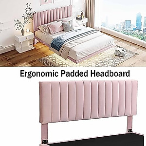 RIDFY Queen Floating Bed Frame with LED Lights/Headboard, Modern Velvet Fabric Platform Bedframe, Mattress Foundation Camas/Wood Slat Support/No Box Spring Needed/Noise Free,Pink
