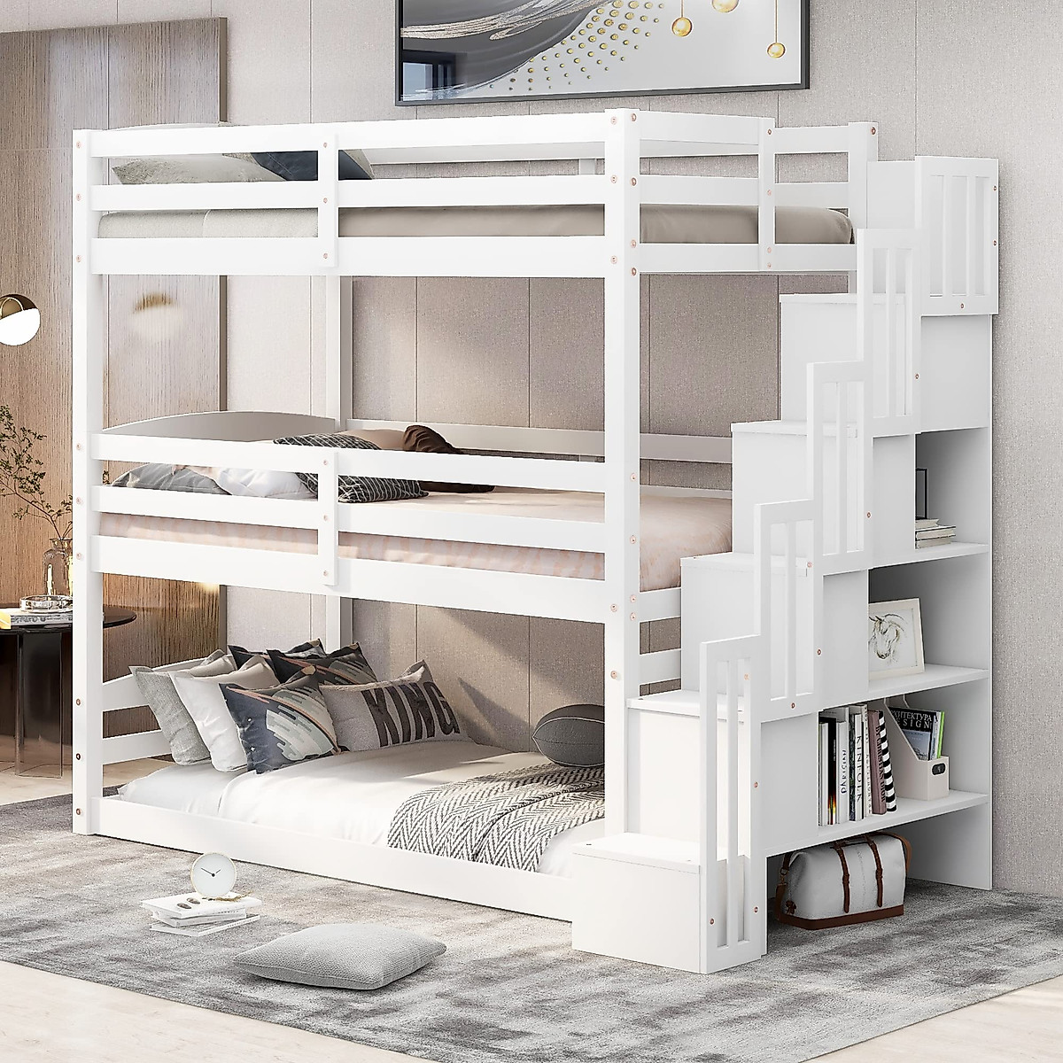 Harper & Bright Designs Wood Triple Bunk Bed with Storage Staircase, Wooden Floor Bunk Beds 3 Beds in 1 for Kids, Detachable Triple Bed Can Convertible into Twin Bunk Beds & Loft Bed, White