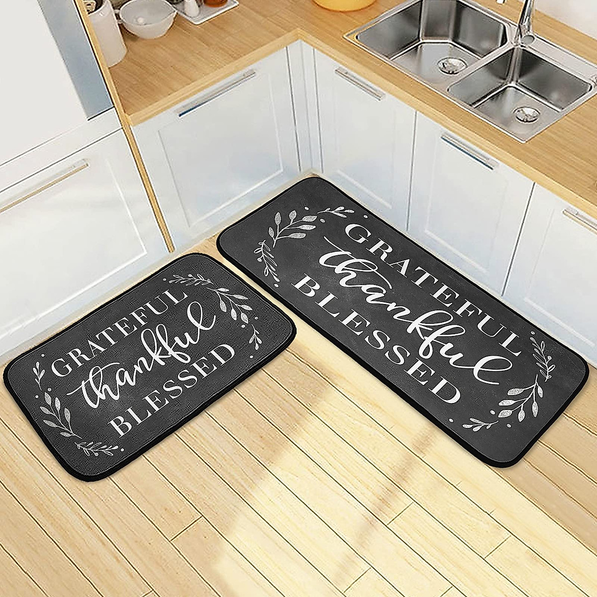 Grateful Thankful Blessed Kitchen Rugs Set 2 Piece Non-Slip Backing Washable Anti-Slip Backing Mat for Doorway Bathroom Runner Rug Carpet Set (19.7*47.2in+19.7*27.6in )