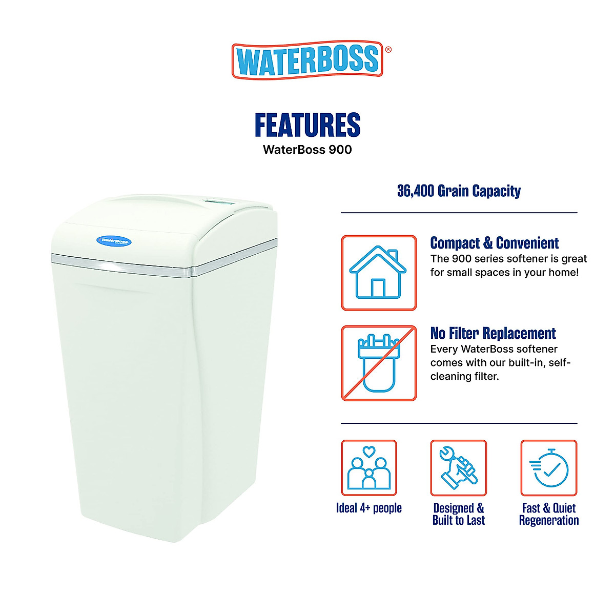 WaterBoss Water Softener System for Whole Home (36,400 Grain) - Filters Iron, Calcium, Ferrous Iron, Dirt and Sediment - Whole House Softening Using Less Salt - Model 900