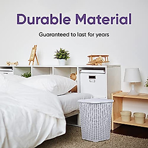 Plastic Corner Laundry Hamper with Lid, Curved Designed Laundry Basket, 2 Pack White Smoke Cloths Hamper Organizer with Cut-out Handles for Laundry Room Bedroom Bathroom, Wicker Design, 50 Liter