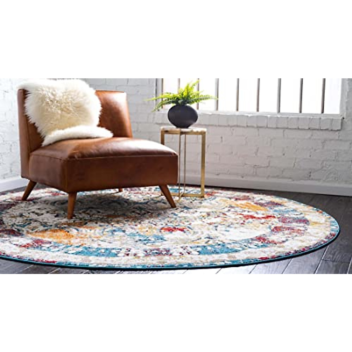Unique Loom Rosso Collection Vintage, Traditional, Distressed, Bohemian, Botanical, Southwestern Area Rug, Round 8' 0" x 8' 0", Multi/Blue