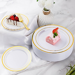 Goodluck 600 Pieces Gold Disposable Plates for 100 Guests, Plastic Plates for Party, Dinnerware Set of 100 Dinner Plates, 100 Salad Plates, 100 Spoons, 100 Forks, 100 Knives, 100 Cups