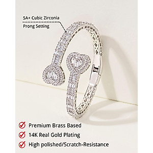 Lulu Mel Iced Out Baguette Diamond Bracelet Jewelry for Women, Hip Hop Mens 14k Gold Silver Plated Cubic Zirconia Bangle Bracelet, Men Heart Cuff Bracelet With Jewelry Box (Silver Heart, 8inch)