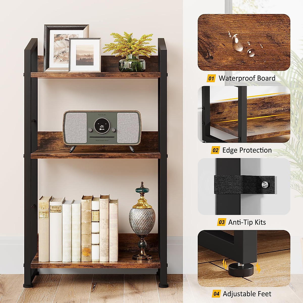 Hosfais Book Shelf Small Bookshelf: 3 Tier Bookshelf with Edge Protection, Metal and Wood Bookshelves Book Case for Small Spaces Bedroom Home Office (Rustic Brown)