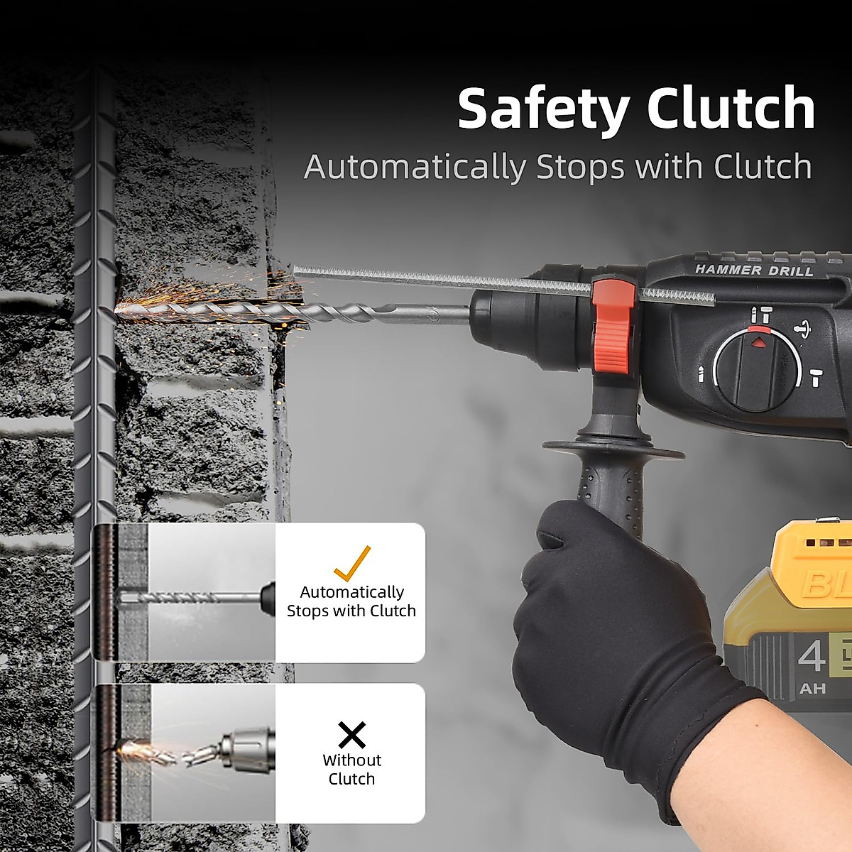 Rotary Hammer Drill Compatible with Dewalt 20V MAX Battery(NO Battery) SDS-Plus Rotary Hammer Drill with Heavy Duty Safety Clutch,3 Functions and 5 Drill Bits for Concrete, Masonry, Wood, Metal