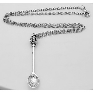 Art Attack Snuff Spice Spoon Necklace, Wonderland Powder Teaspoon Adult Charm Pendant Party Favor (Silver)