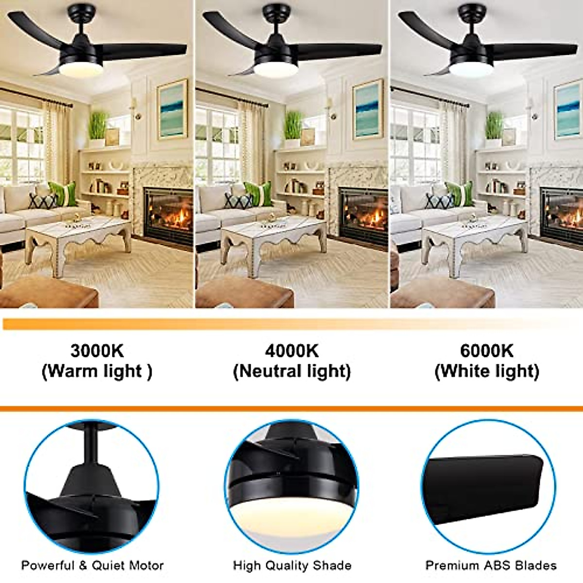 Wellspeed Ceiling Fans with Lights, Black Ceiling Fan, 42 Inch Modern Ceiling Fan with Remote Control，Adjustable Light and Dark， for Bedroom, Living Room, Patios