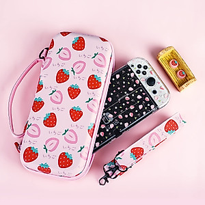 FANPL Cute Carry Case Bundle for Nintendo Switch OLED 2021, Cover Accessories Set with Pink Strawberry Travel Bag, Glitter Strawberry PC Shell, Adjustable Shoulder Strap, Thumb Grips, Screen Protector