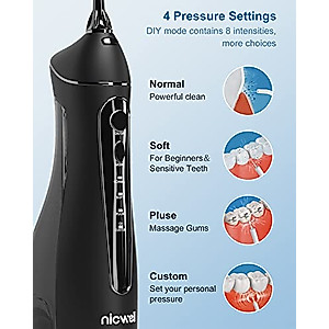 Water Dental Flosser Cordless for Teeth - Nicwell 4 Modes Dental Oral Irrigator, Portable and Rechargeable IPX7 Waterproof Powerful Battery Life Water Teeth Cleaner Picks for Home Travel