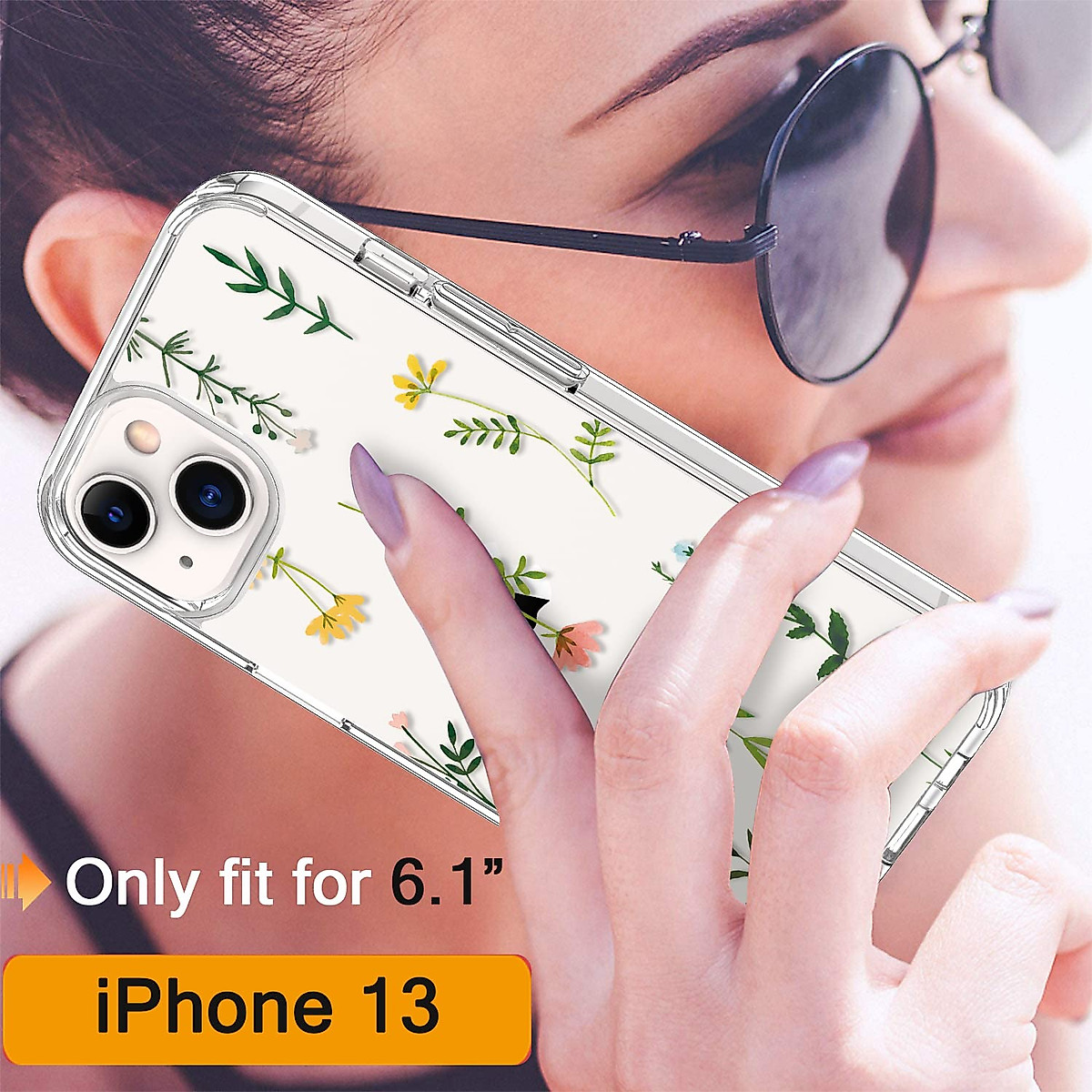 GiiKa for iPhone 13 Case with Screen Protector, Clear Full Body Protective Floral Girls Women Shockproof Hard Case with TPU Bumper Cover Phone Case for iPhone 13, Grass Flowers