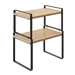 HILINSIE Cabinet Organizer Shelf- Set of 2 Kitchen Counter Shelves, Expandable Spice Racks, Stackable Counter Top Shelf, Engineered Wood and Metal, 7.7 x 11.6 x 14 Inches, Natural and Black